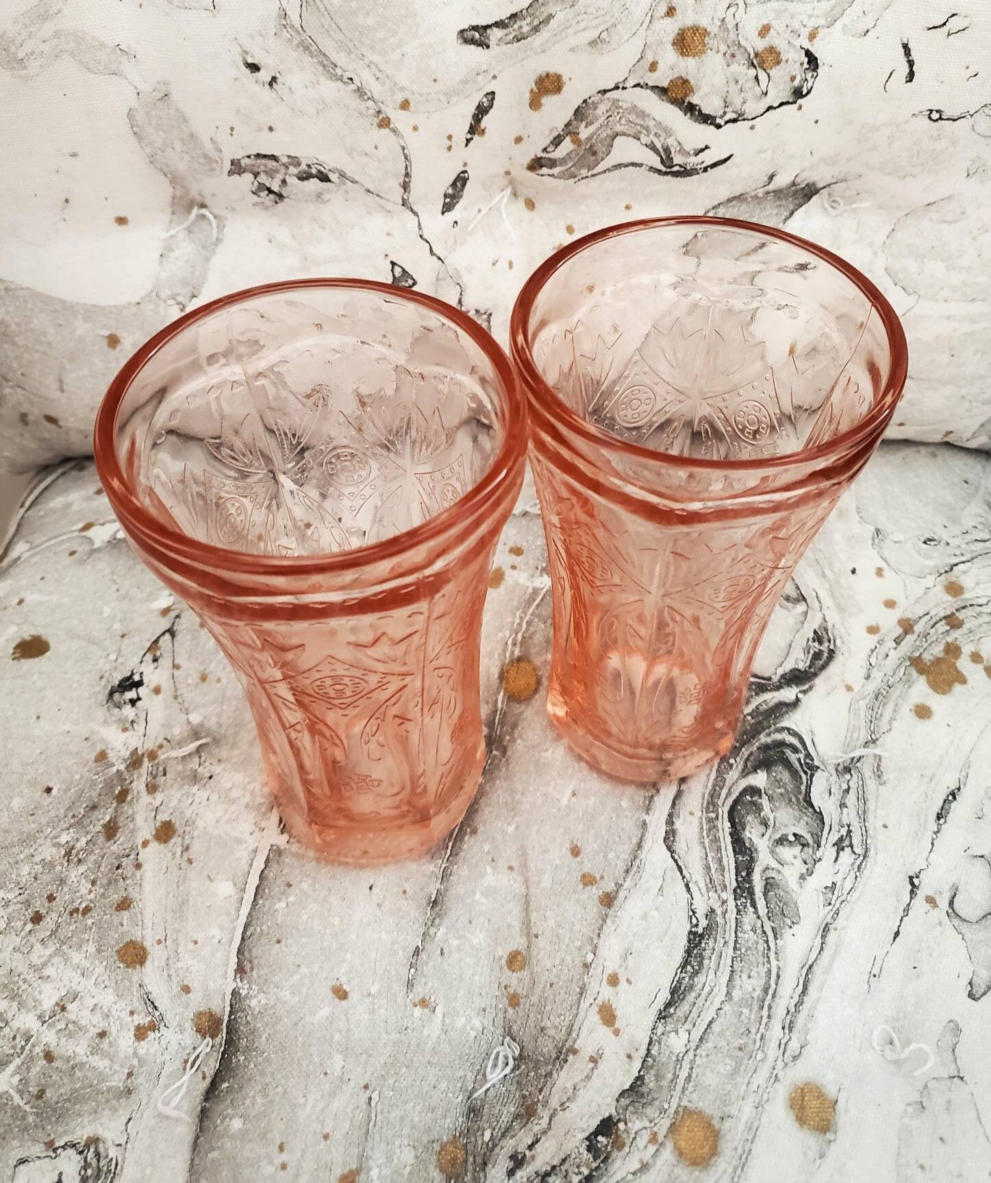 Vintage Pink Pair Of Drinking Glasses Flat Tumbler Recollection Clear