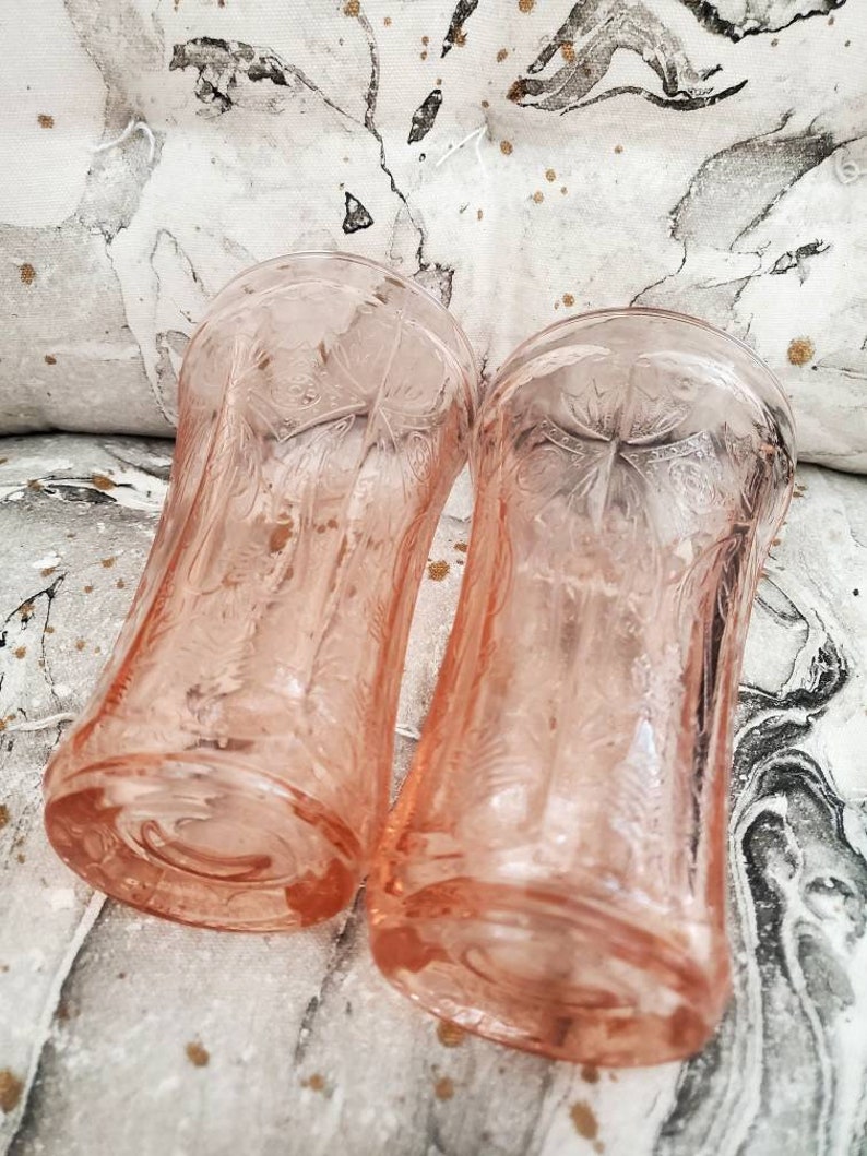 Vintage Pink Pair Of Drinking Glasses Flat Tumbler Recollection Clear