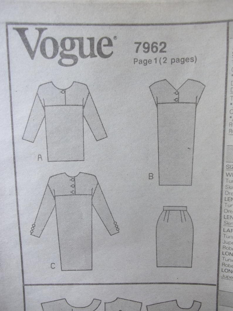 Vogue 7962 Vintage Sewing Pattern Dress Tunic Skirt - Etsy