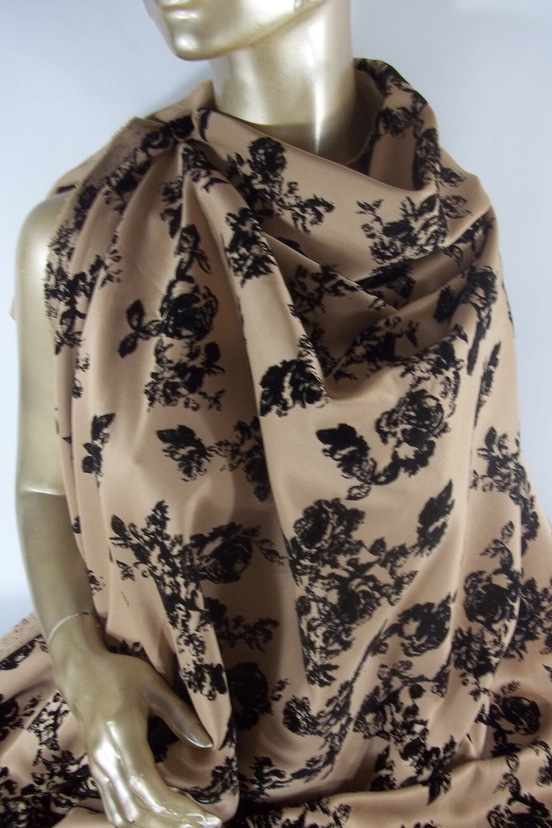 Poly Knit 3yd Piecefabric Beige Black Flock Velvet Floral - Etsy