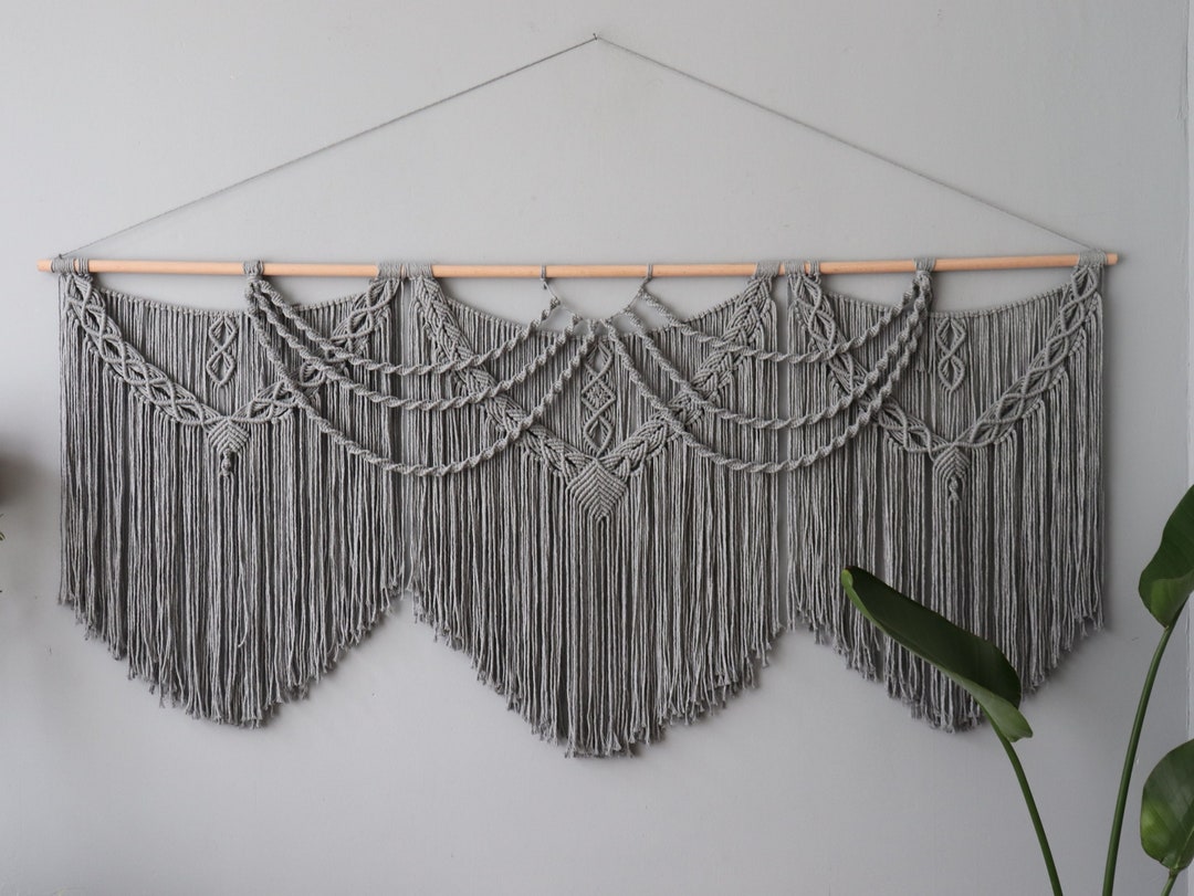 Gray Macrame Wall Hanging, Boho Decor Over King Bed, Woven Wall Art, Macrame Window Walance ...