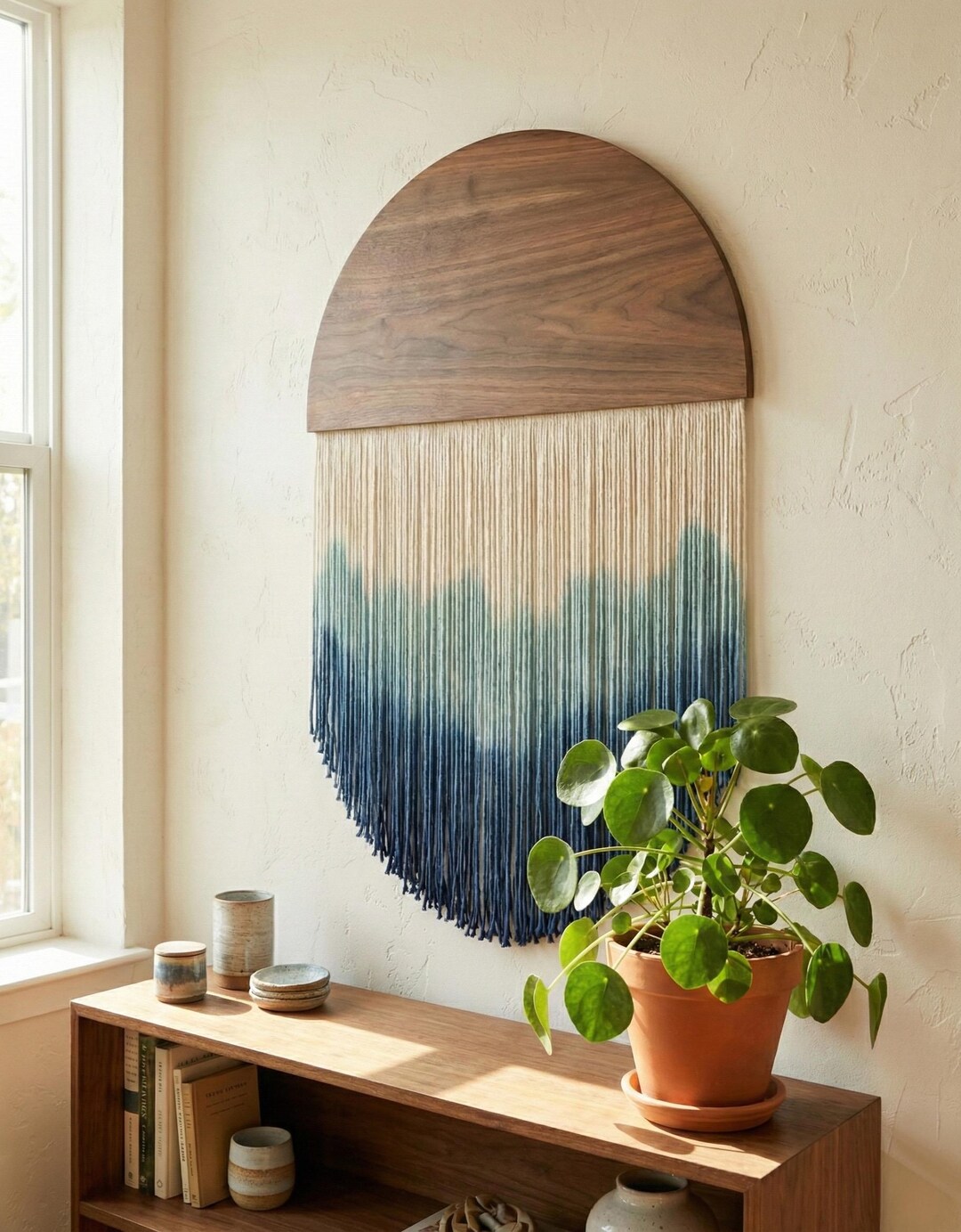 Blue Macrame Wall Hanging: Dip Dye Coastal Fiber Art, Half Moon Boho ...