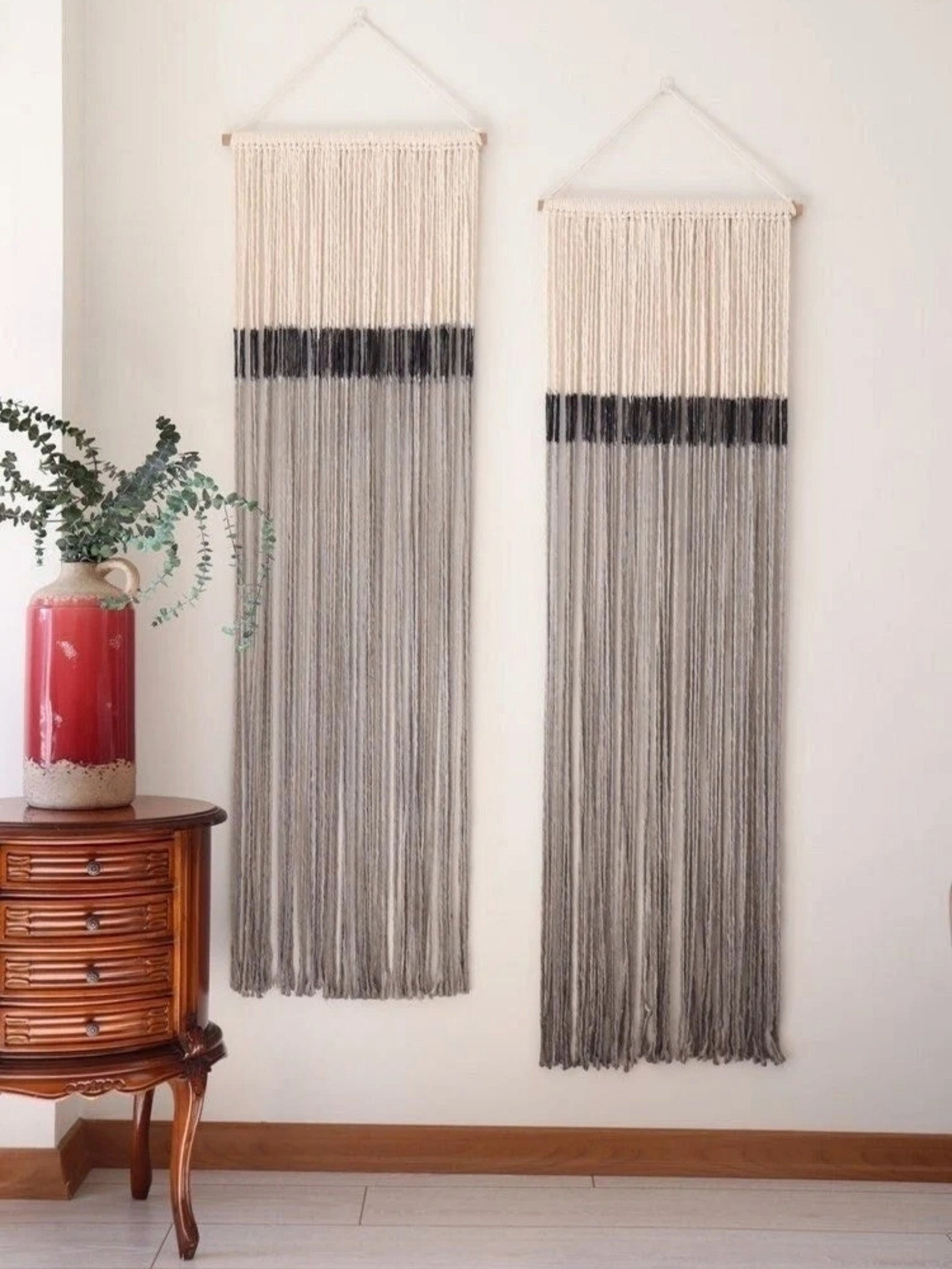Long Macrame Wall Hanging, Black Tapestry, Yarn Art, Yarn Wall Decor ...