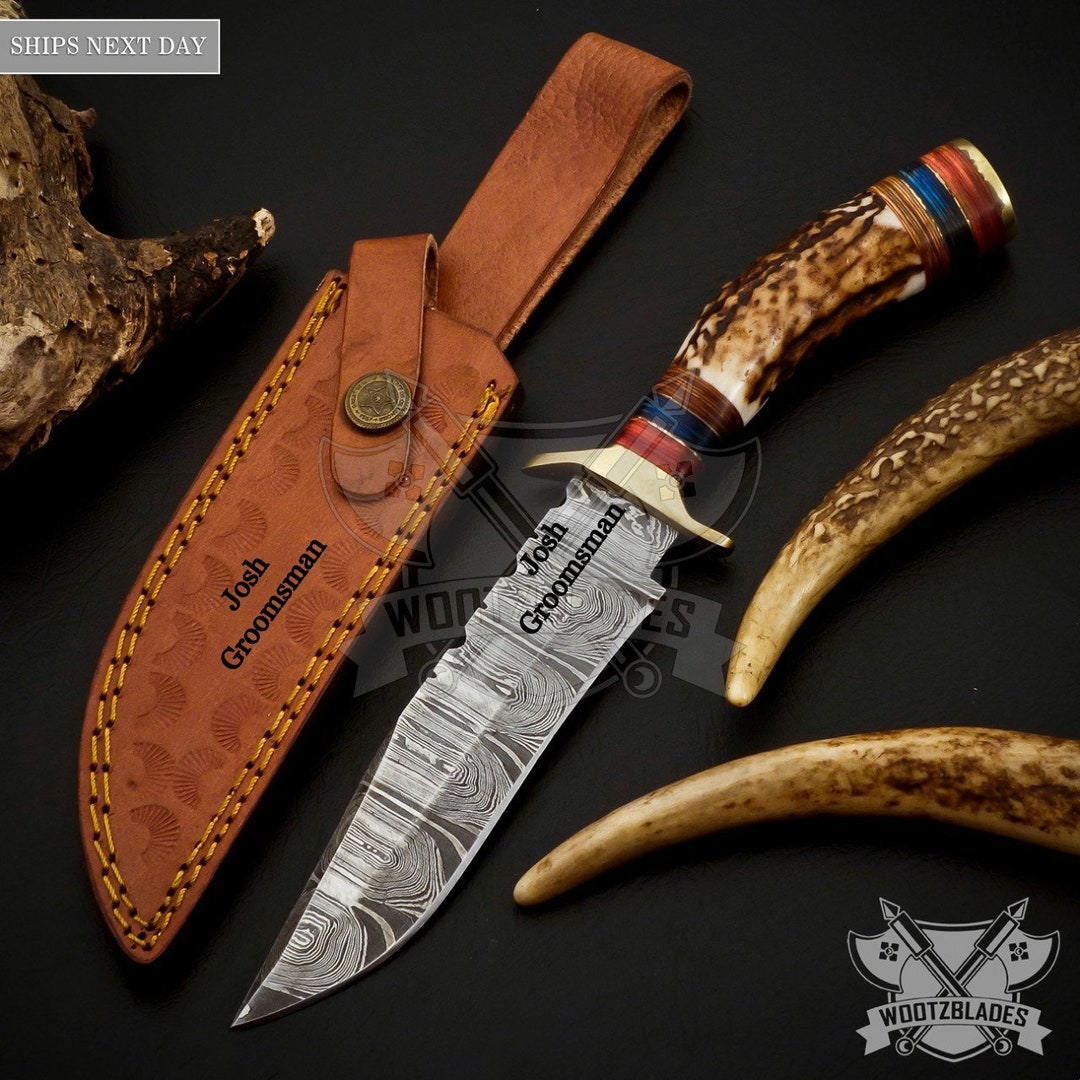 Personalized 10 Inch Damascus Steel Hunting Knife Handle Stag Antler W ...
