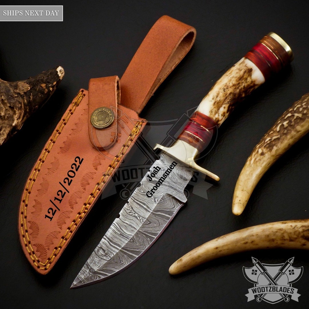 Personalized 8 Inch Damascus Steel Hunting Knife Handle Stag Antler W ...