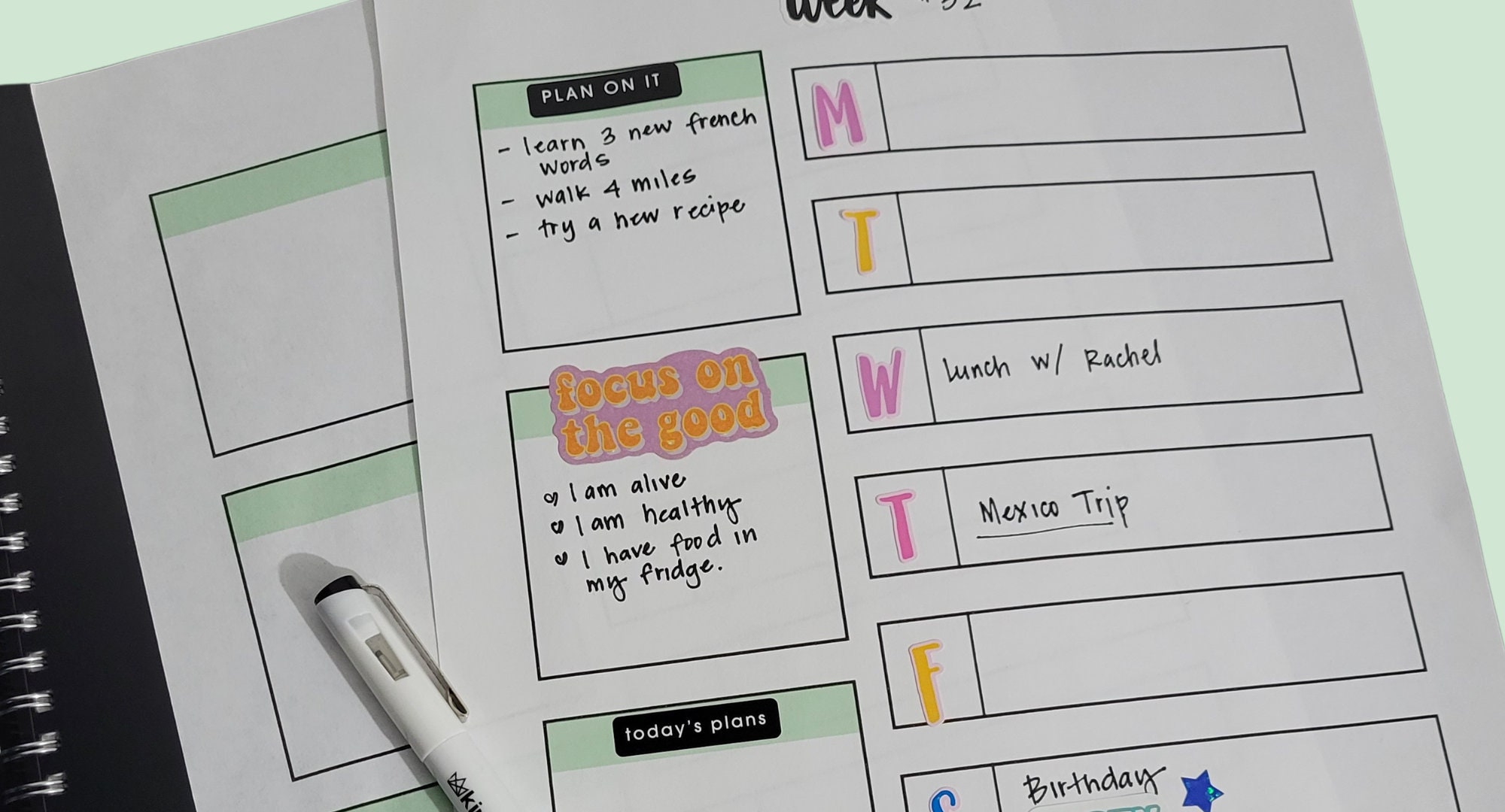 Blank Printable Weekly Planner Page in Mint - Etsy