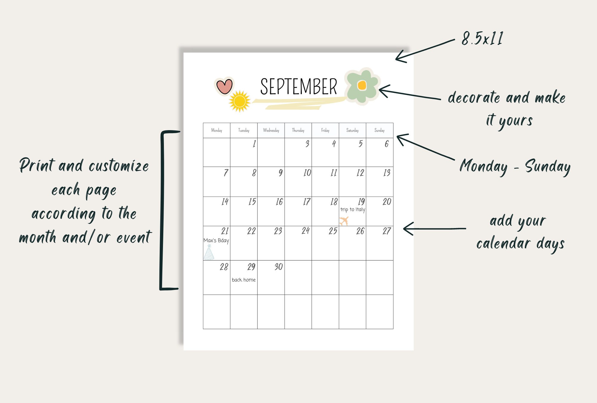 Downloadable/ Printable Blank 12 Month Calendar Without Numbers - Etsy