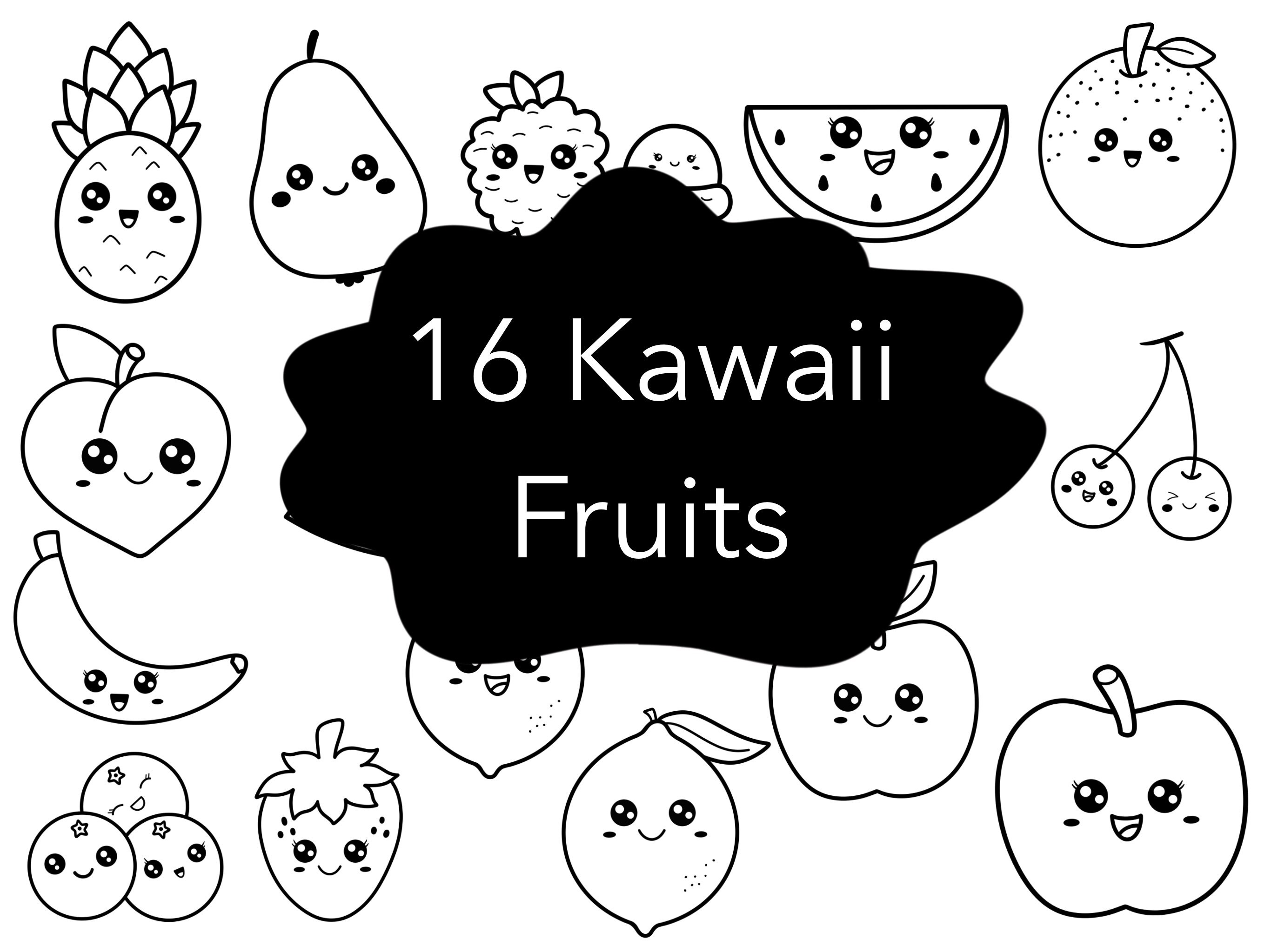 16 Doodles of Fruits With Kawaii Style Face in Black and White (outline ...