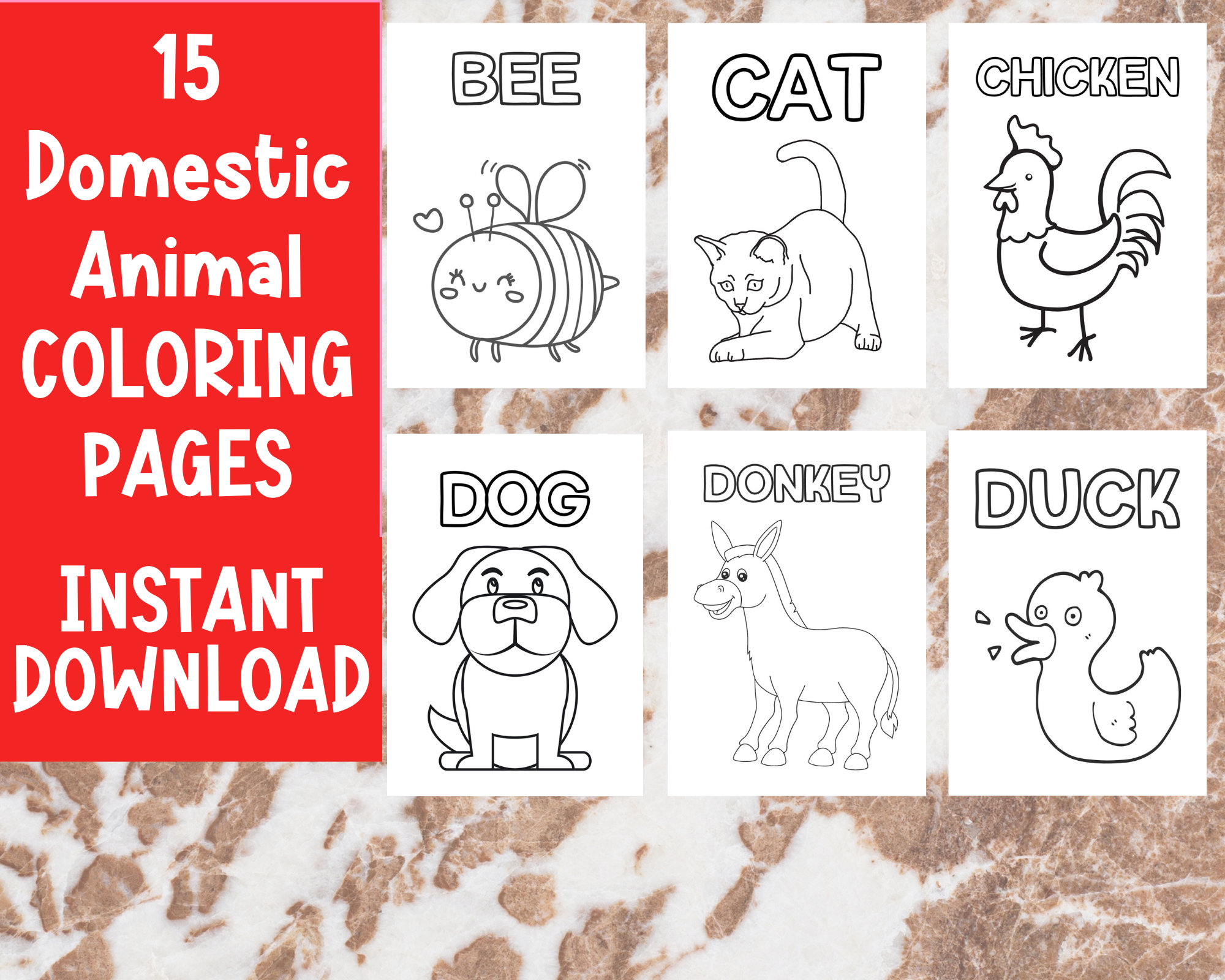 15 Domestic Animal Coloring Pages, PDF Instant Printable Digital ...