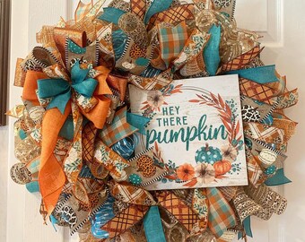 Fall Wreath Turquoise and Orange Fall Wreath Fall Decor - Etsy