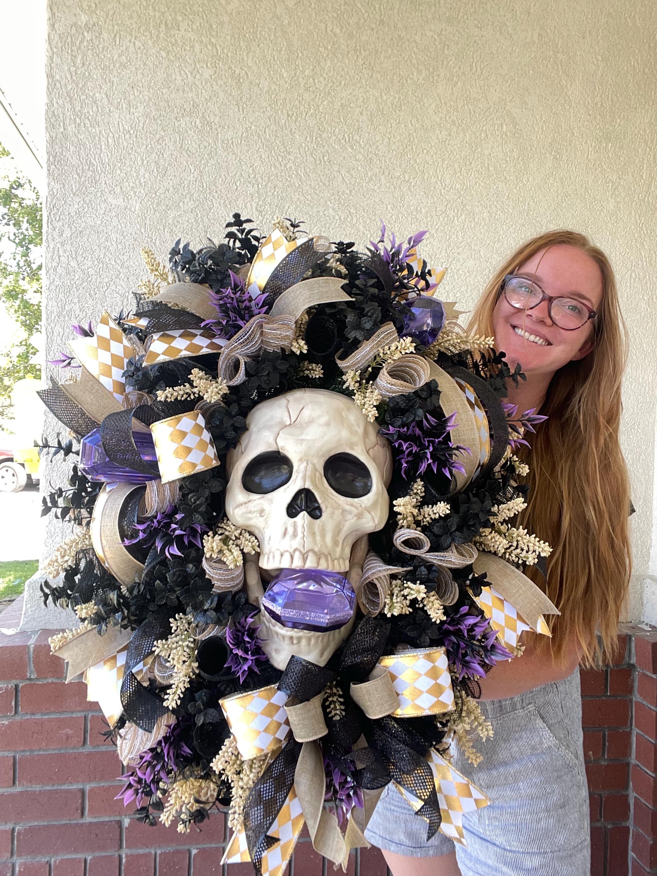 Extra Large Skeleton Skull Halloween Wreath | Neutral Gothic Glam Decor ...