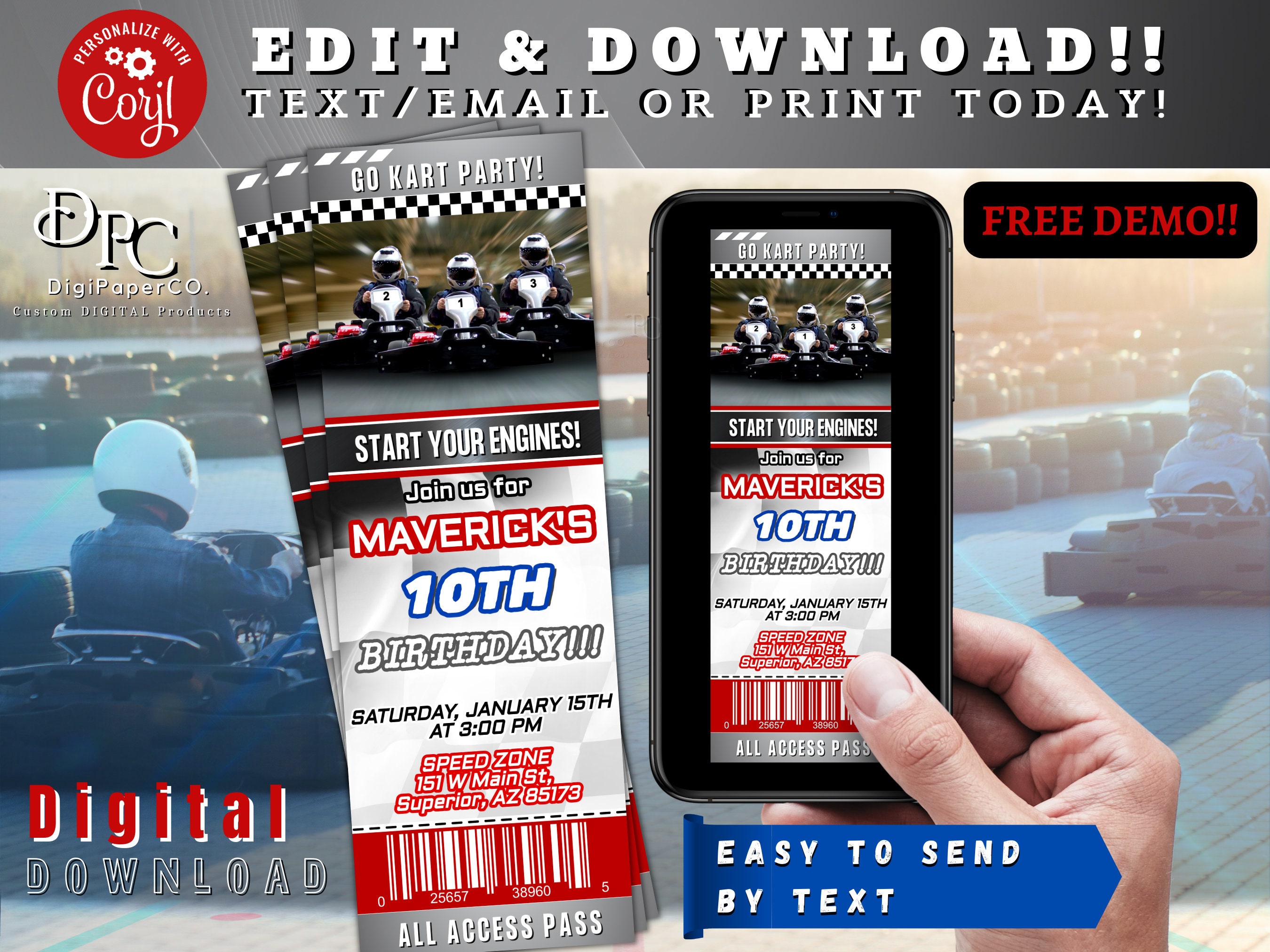 Go Kart Party Ticket Invitation, Go Kart Birthday, Racing Car Ticket ...