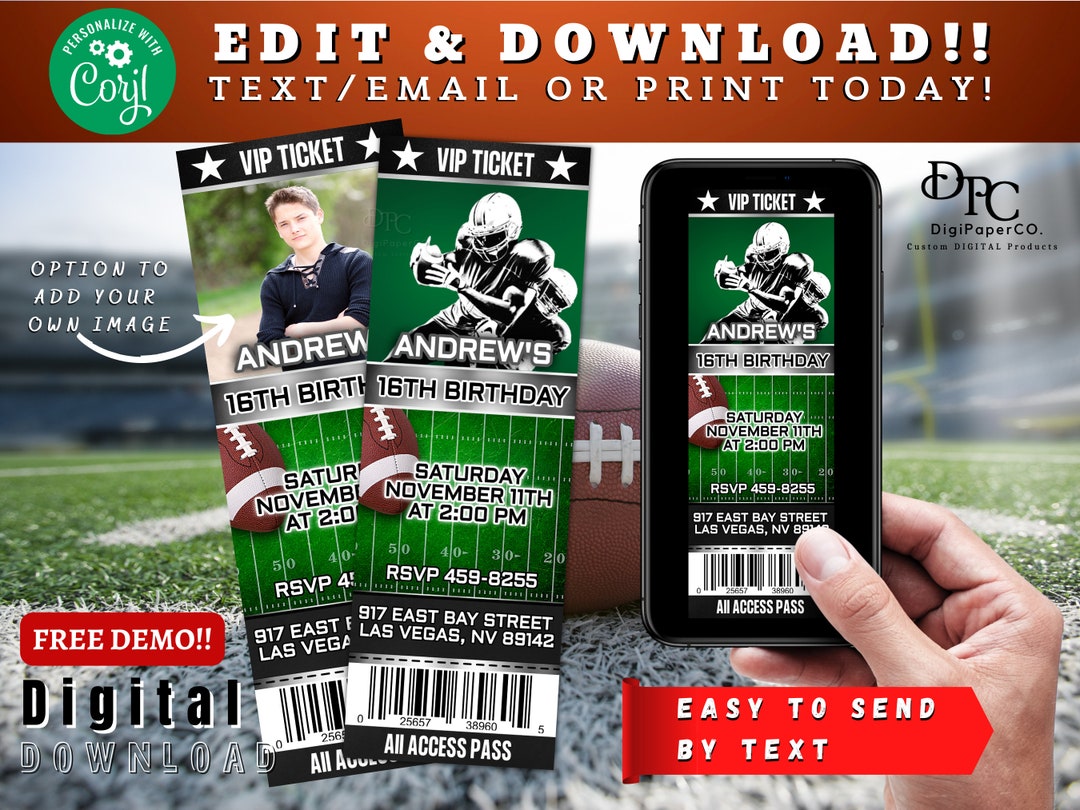 EDITABLE Football Birthday Invitation, Football Ticket Invitation ...