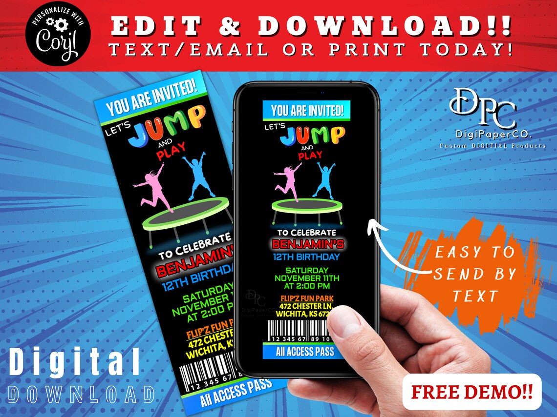 EDITABLE Jump Party Birthday Invitation, Jump Party Ticket, Birthday ...