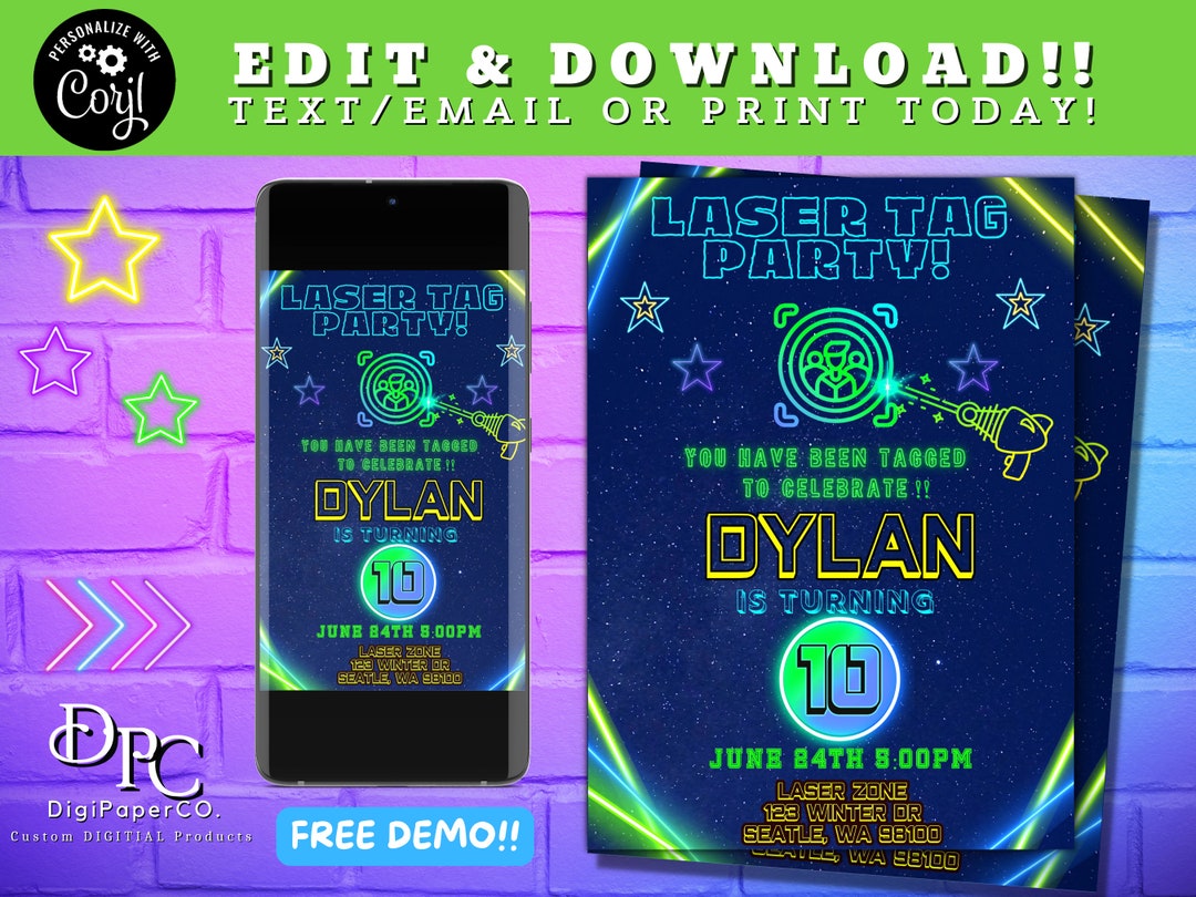 EDITABLE Laser Tag Invitation, Neon Laser Tag Birthday Invitation ...