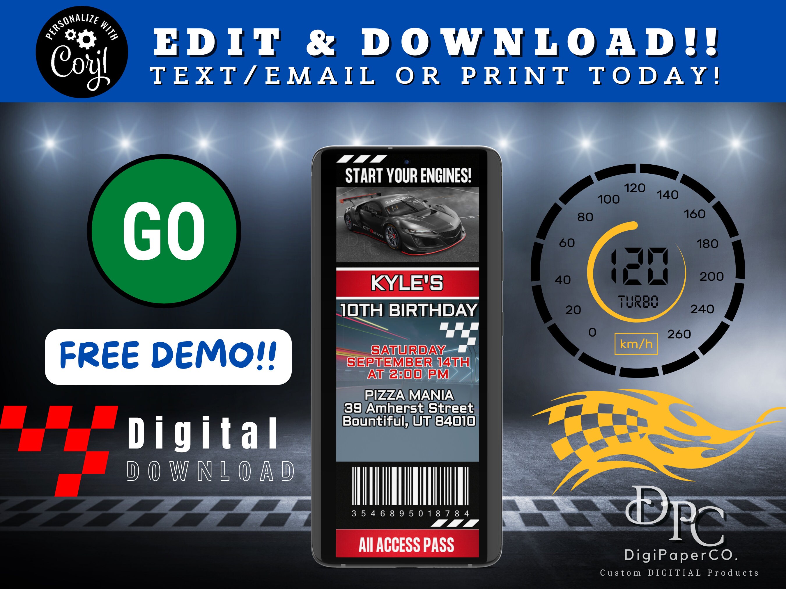 EDITABLE Racing Birthday Invitation, Race Car Ticket Invitation, Racing ...