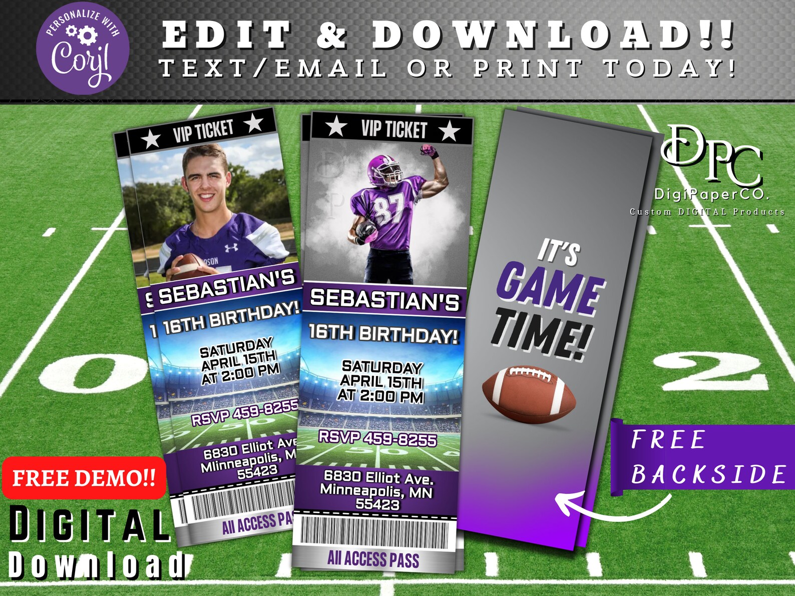 EDITABLE Football Birthday Invitation, Football Ticket Invitation ...