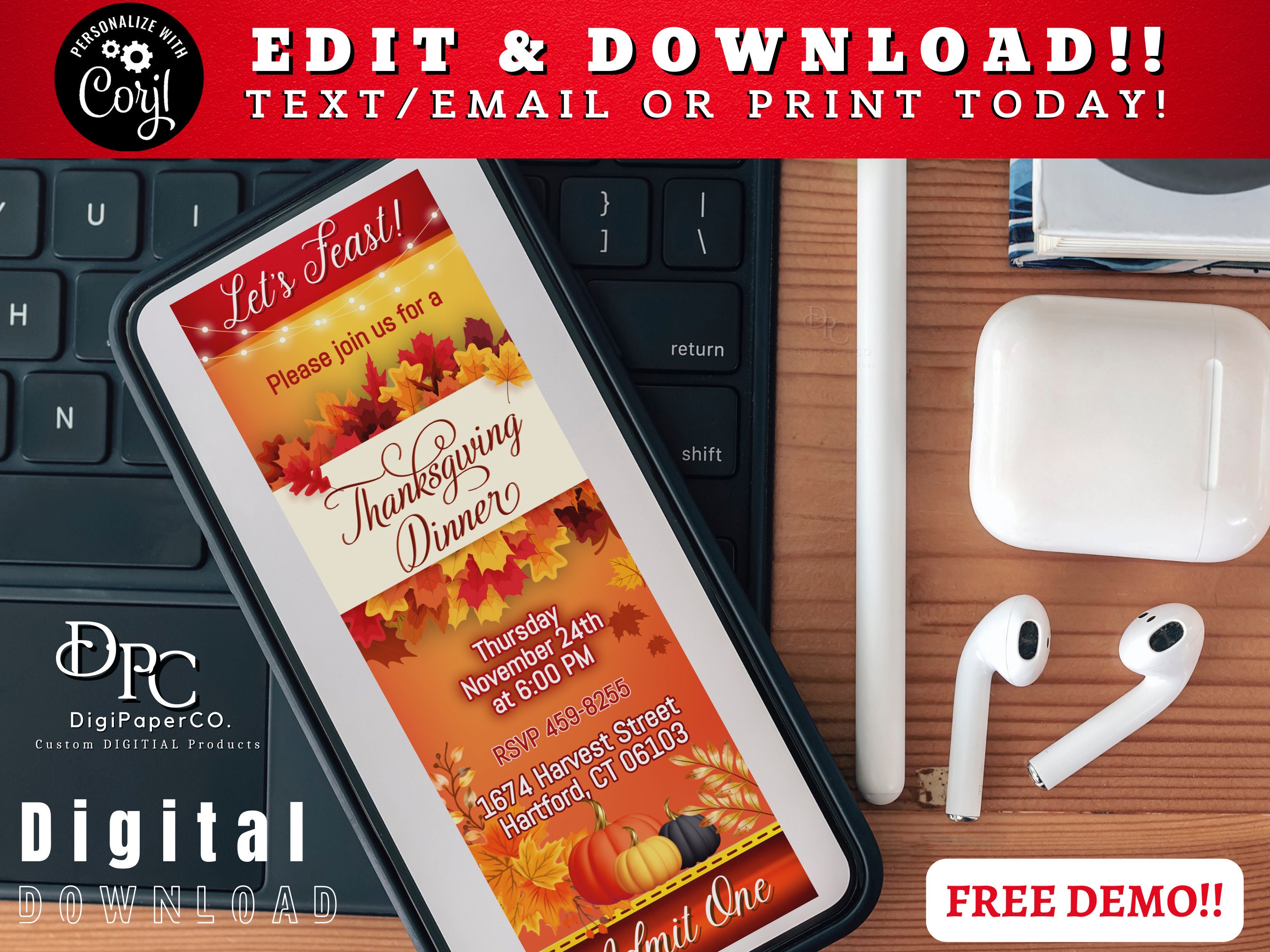 EDITABLE Thanksgiving Dinner Invitation, Thanksgiving Ticket ...