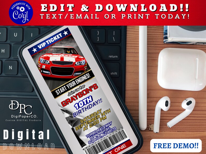 EDITABLE Racing Birthday Invitation Race Car Ticket - Etsy