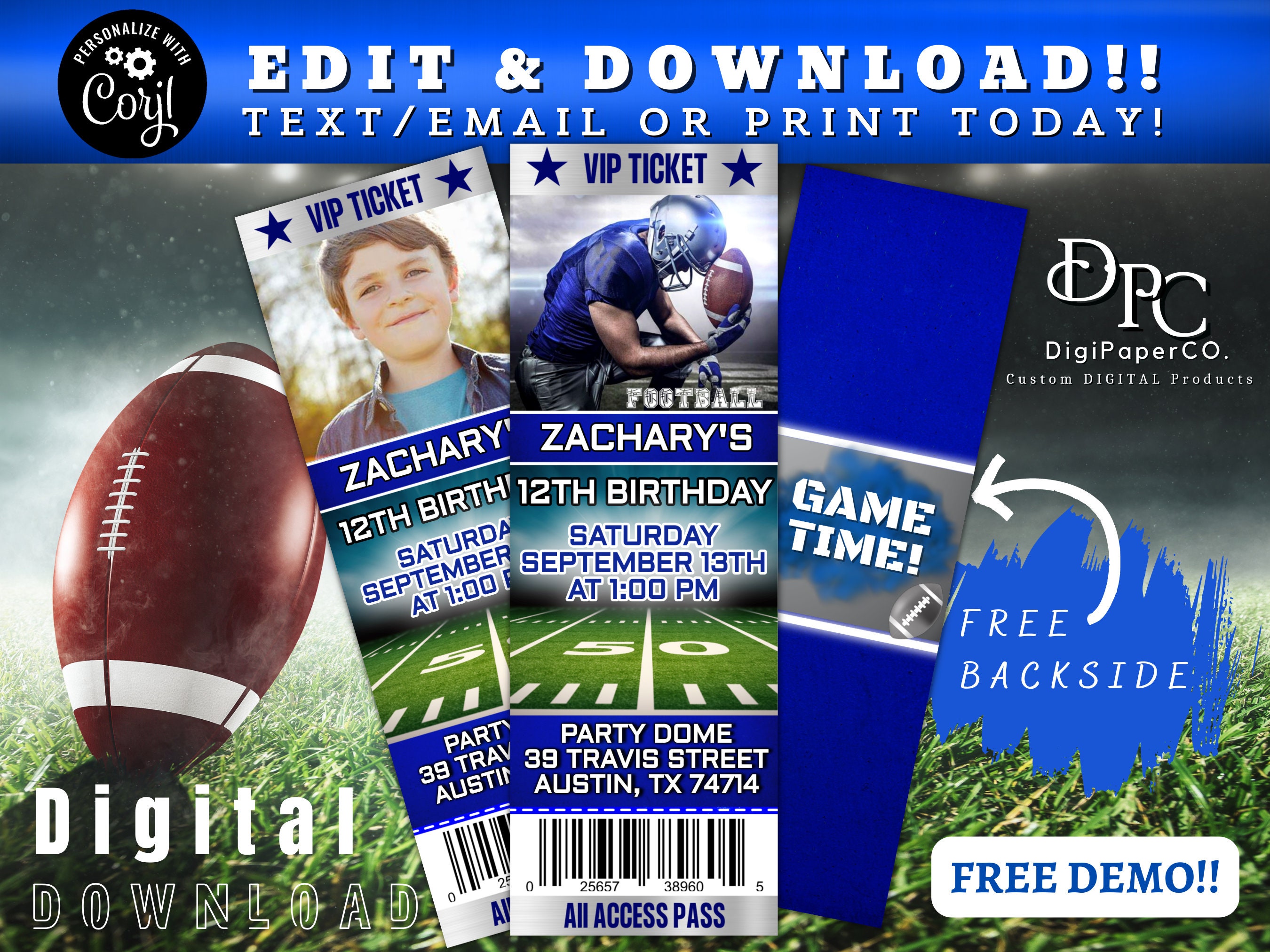 EDITABLE Football Birthday Invitation, Football Ticket Invitation ...