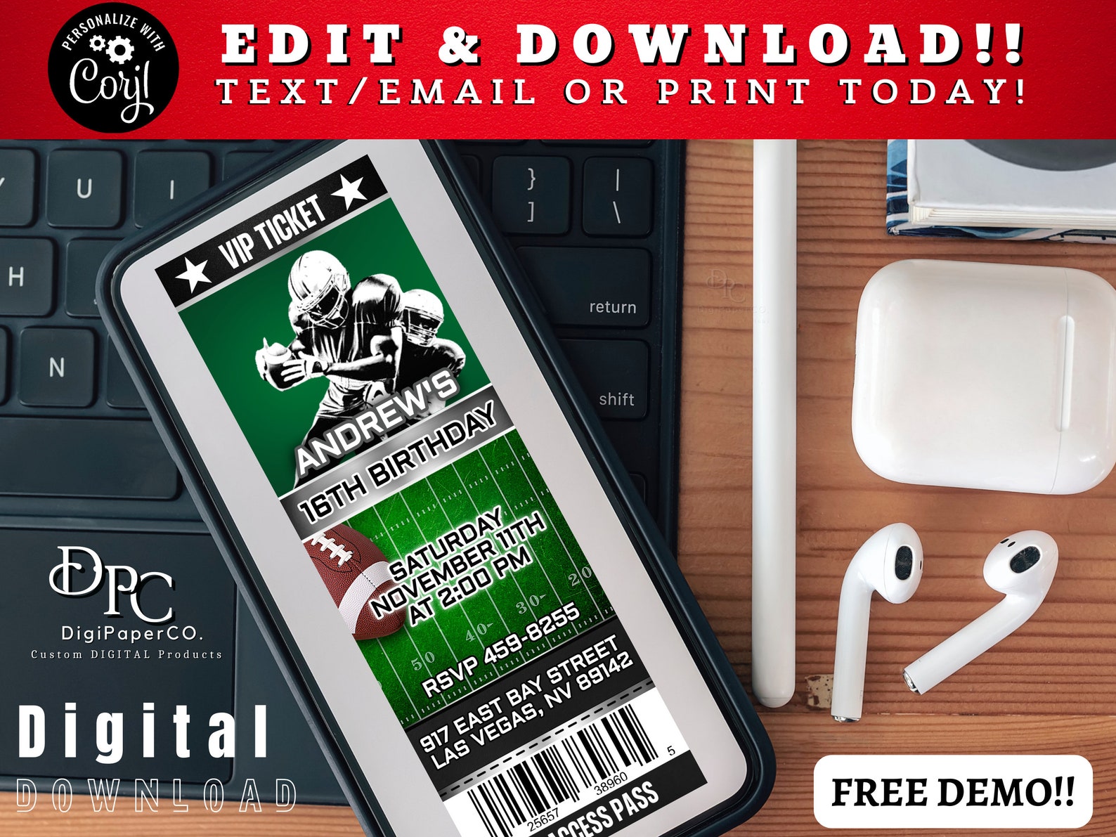 EDITABLE Football Birthday Invitation, Football Ticket Invitation ...