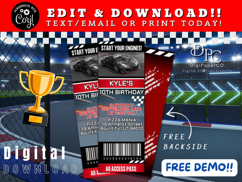 EDITABLE Racing Birthday Invitation, Race Car Ticket Invitation, Racing ...