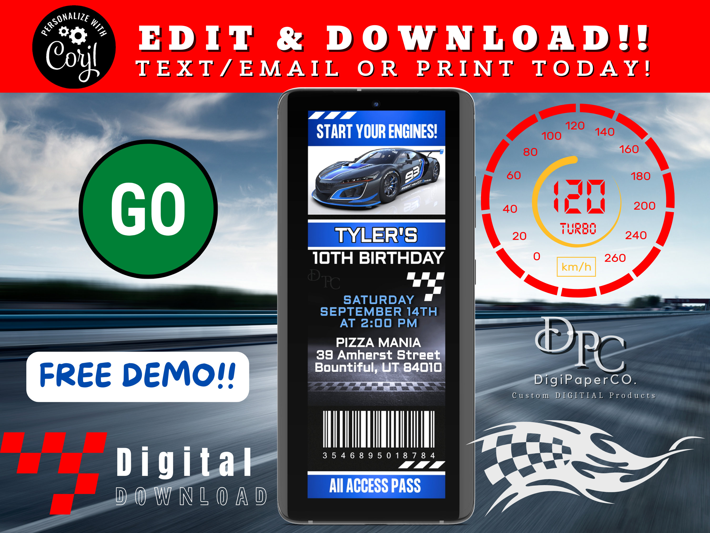EDITABLE Race Car Birthday Invitation, Race Car Ticket Invitation ...