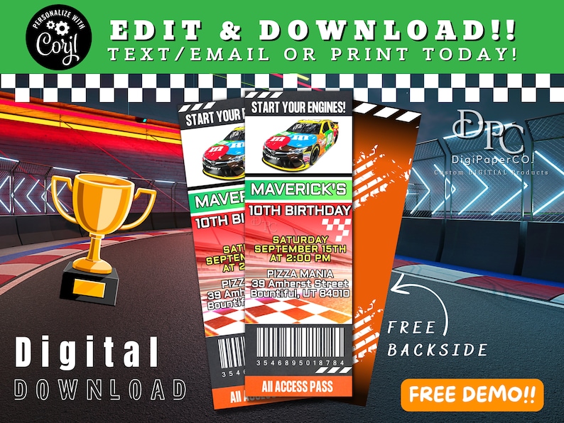 Racing Birthday Invitation, Race Car Ticket Invitation, Racing Birthday ...