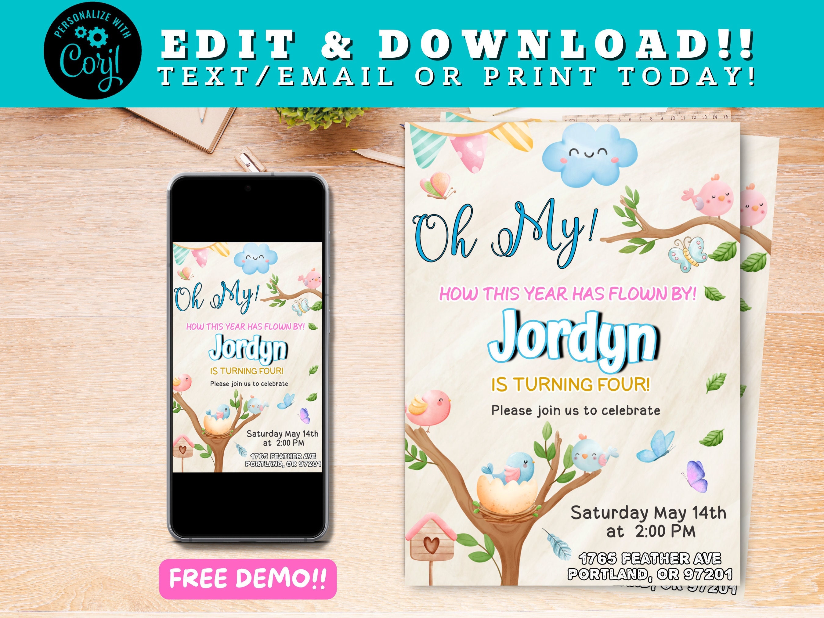 EDITABLE Bird Birthday Invitation, Spring Bird Birthday Party, Birdie ...