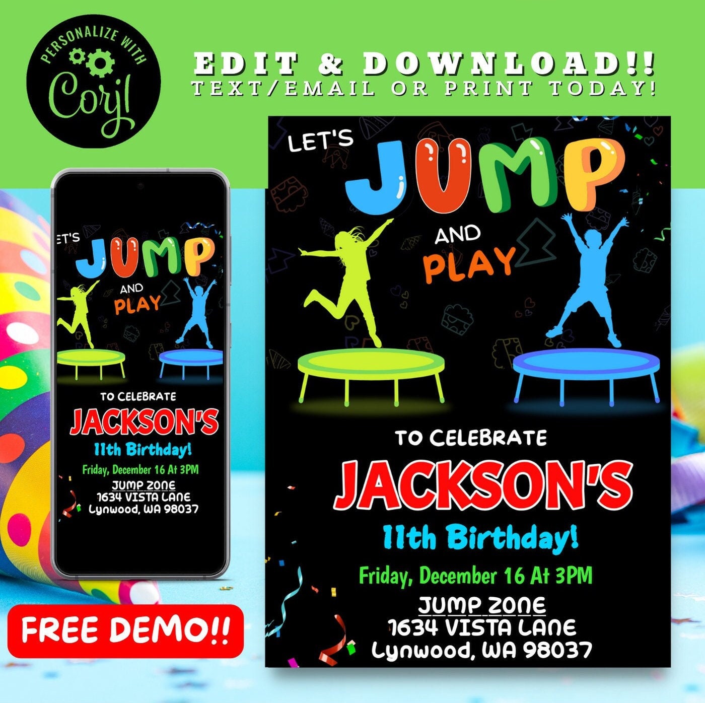EDITABLE Jump Birthday Invitation, for Boy, for Girl, Let's Jump Party ...