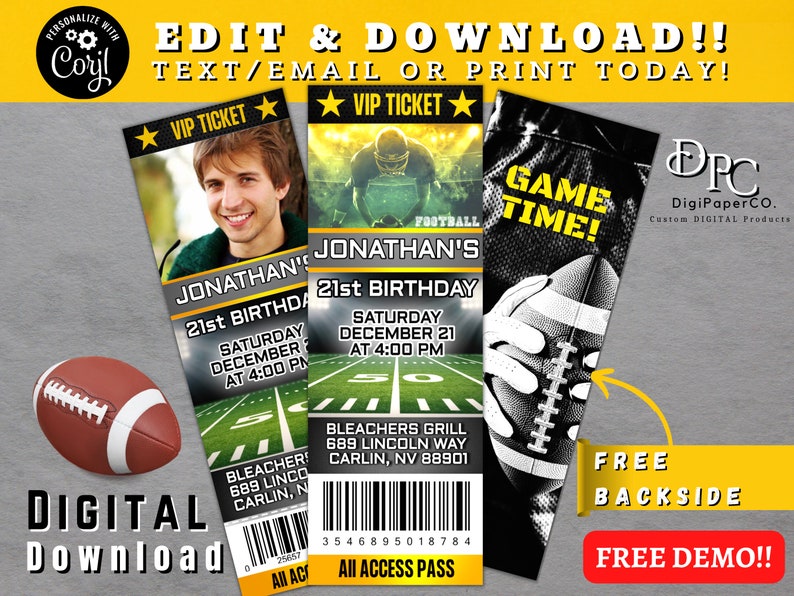 EDITABLE Football Birthday Invitation, Football Ticket Invitation ...