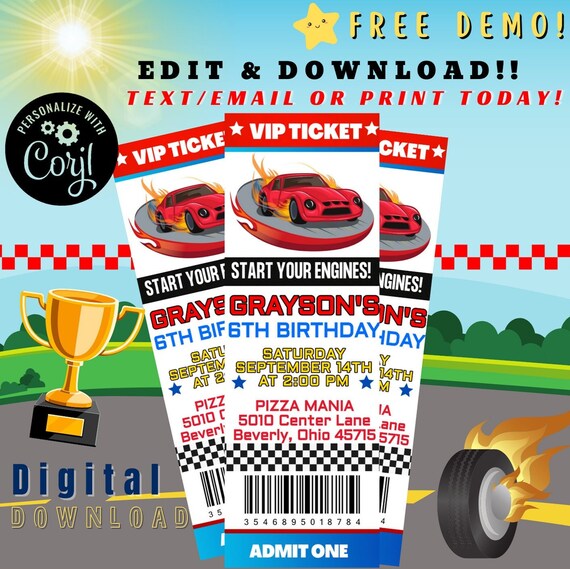 EDITABLE Race Car Birthday Invitation Race Car Ticket - Etsy