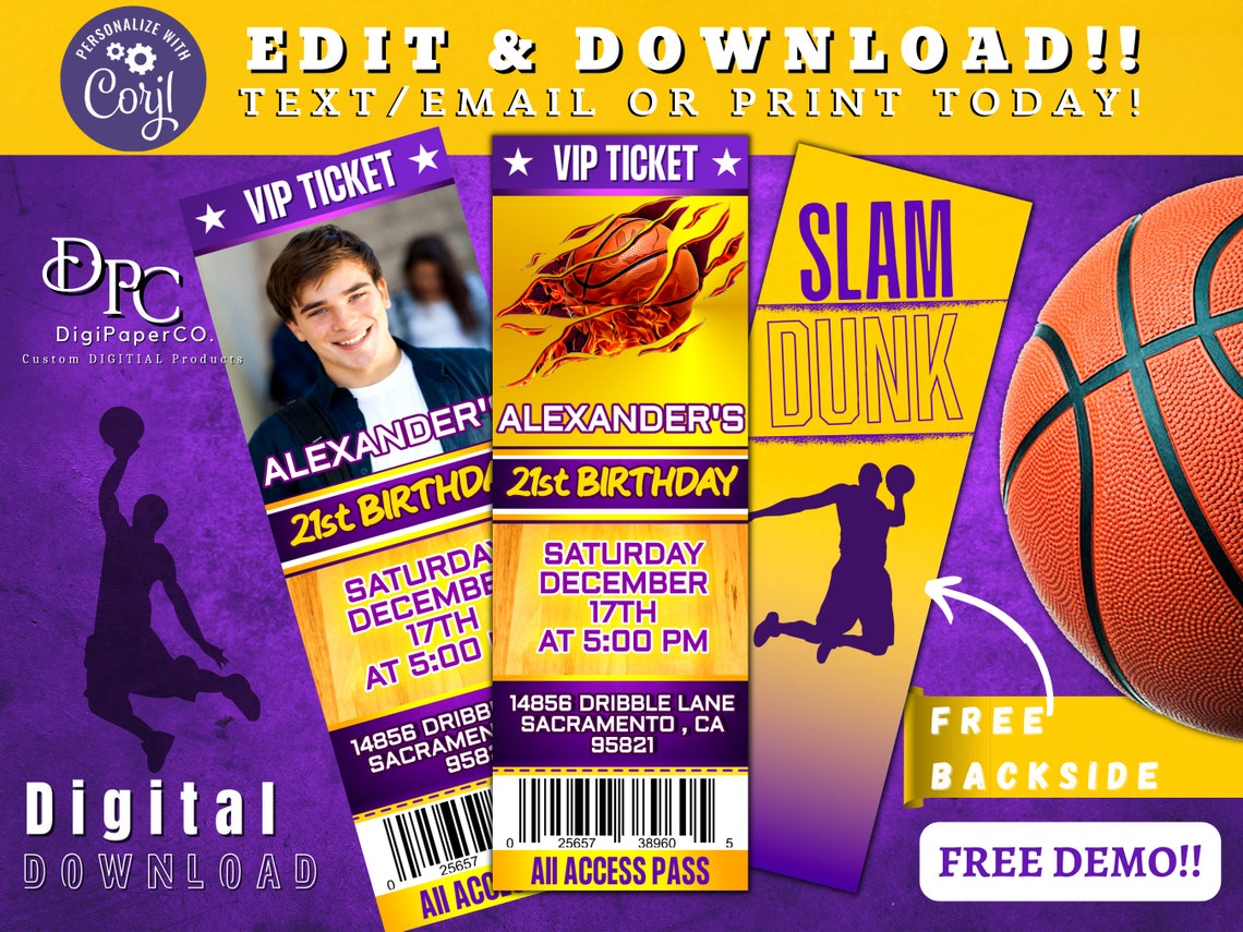 EDITABLE Basketball Birthday Invitation, Basketball Ticket Invitation ...