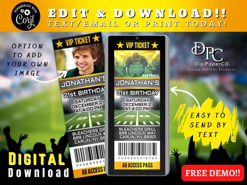 EDITABLE Football Birthday Invitation, Football Ticket Invitation ...