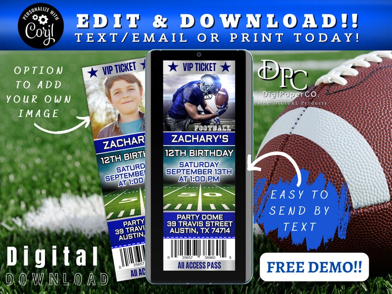 EDITABLE Football Birthday Invitation, Football Ticket Invitation ...