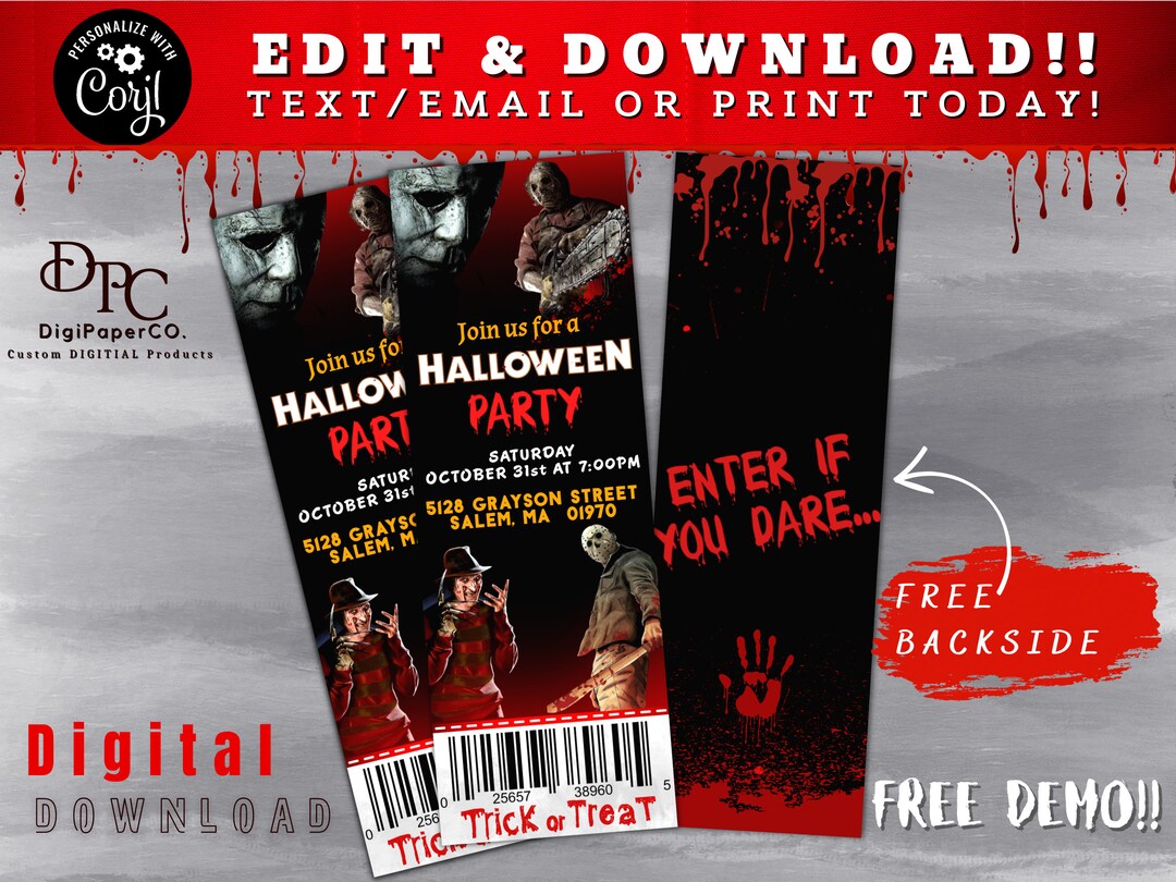 EDITABLE Halloween Party Invitation Template, Horror Movie Costume ...