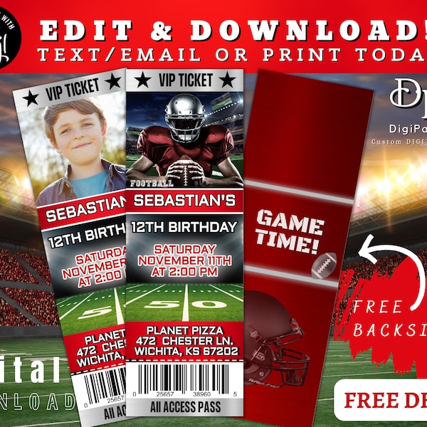 EDITABLE Football Birthday Invitation, Football Ticket Invitation ...