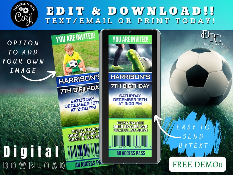 EDITABLE Soccer Birthday Invitation, Futbol Ticket Invitation, Soccer ...