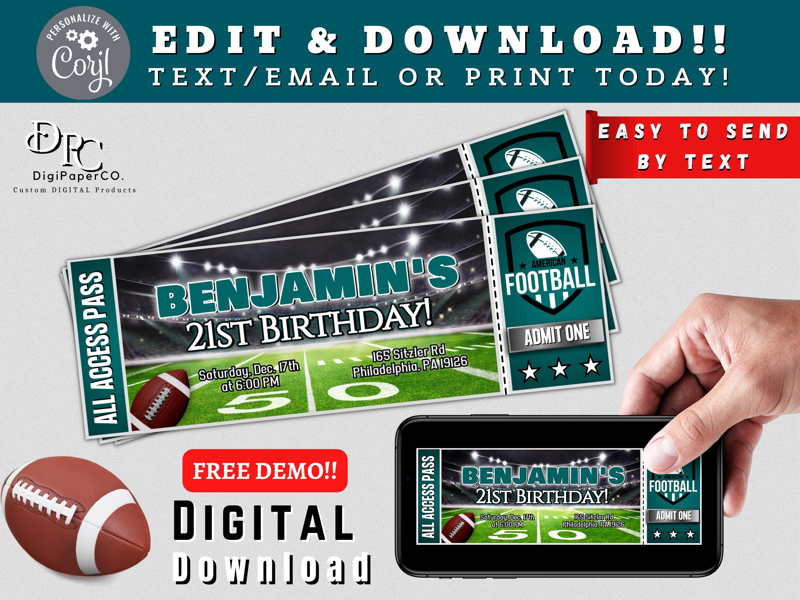 EDITABLE Football Birthday Invitation, Football Ticket Invitation ...