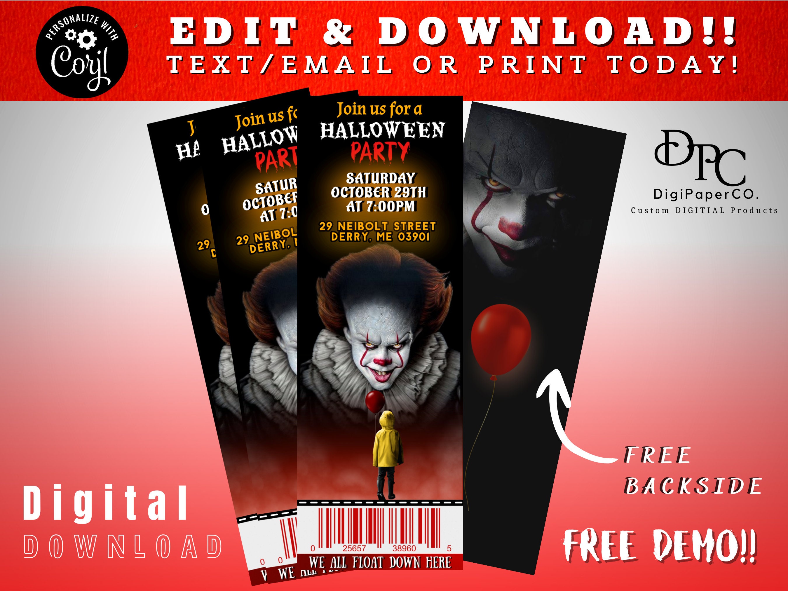 EDITABLE It Halloween Party Invitation Template, Horror Movie Costume ...