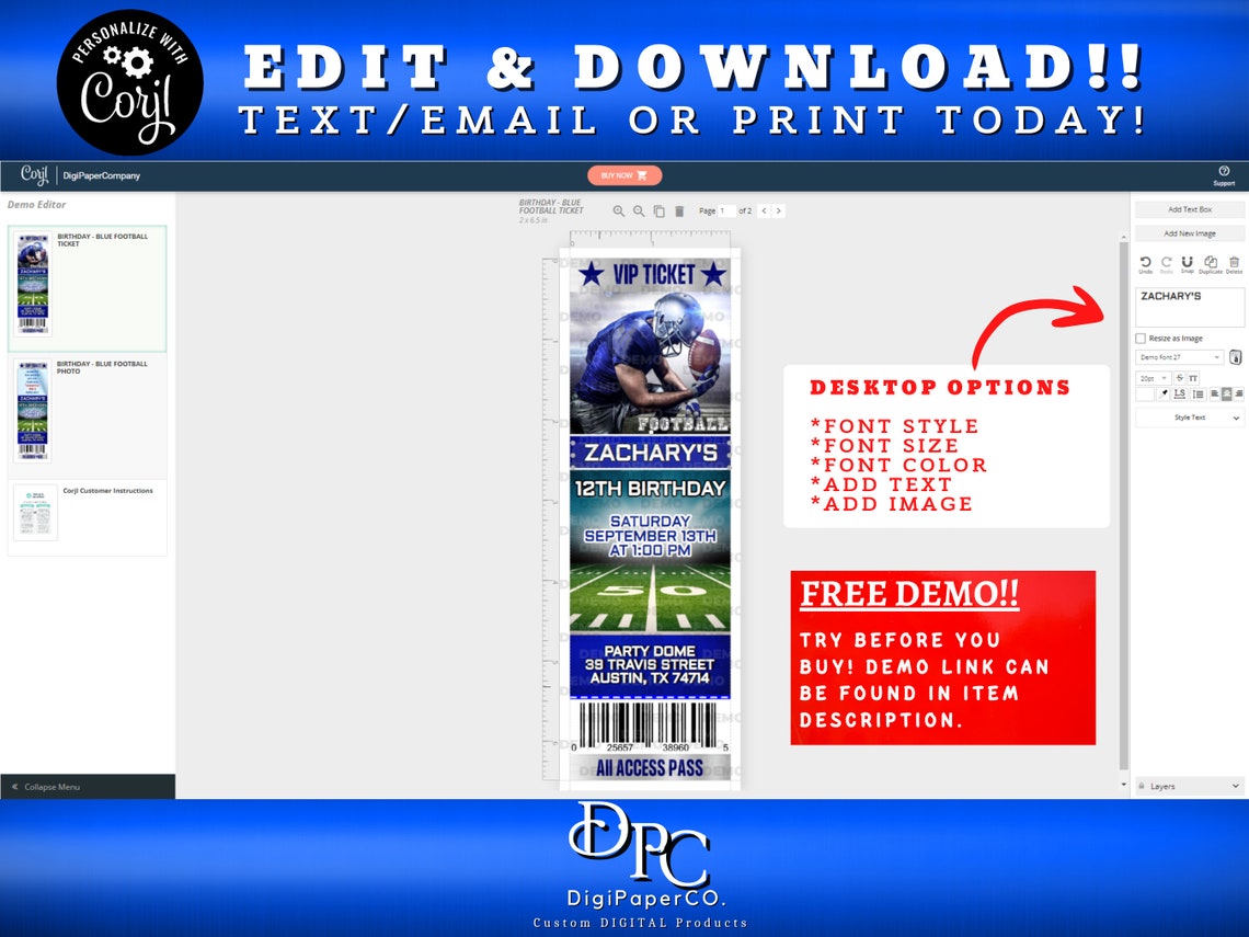 EDITABLE Football Birthday Invitation, Football Ticket Invitation ...