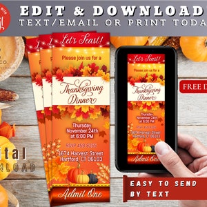 EDITABLE Thanksgiving Dinner Invitation, Thanksgiving Ticket ...