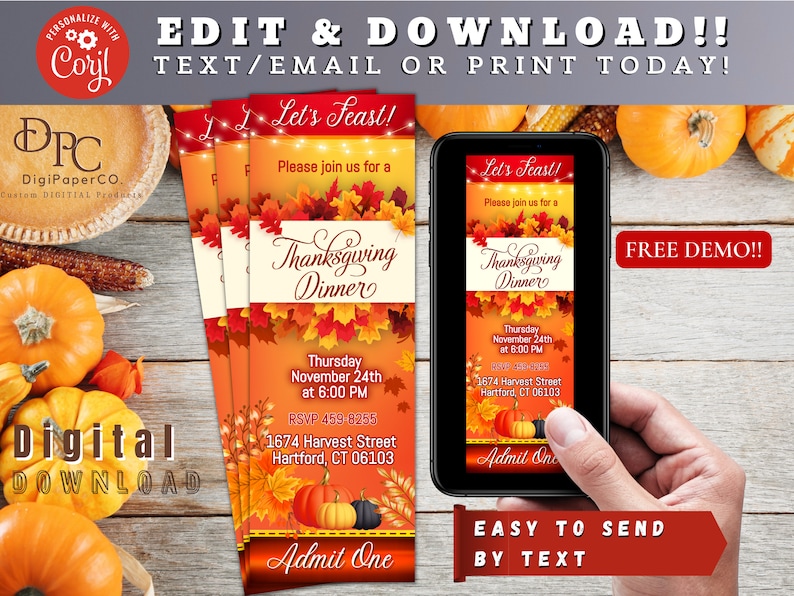 EDITABLE Thanksgiving Dinner Invitation, Thanksgiving Ticket ...