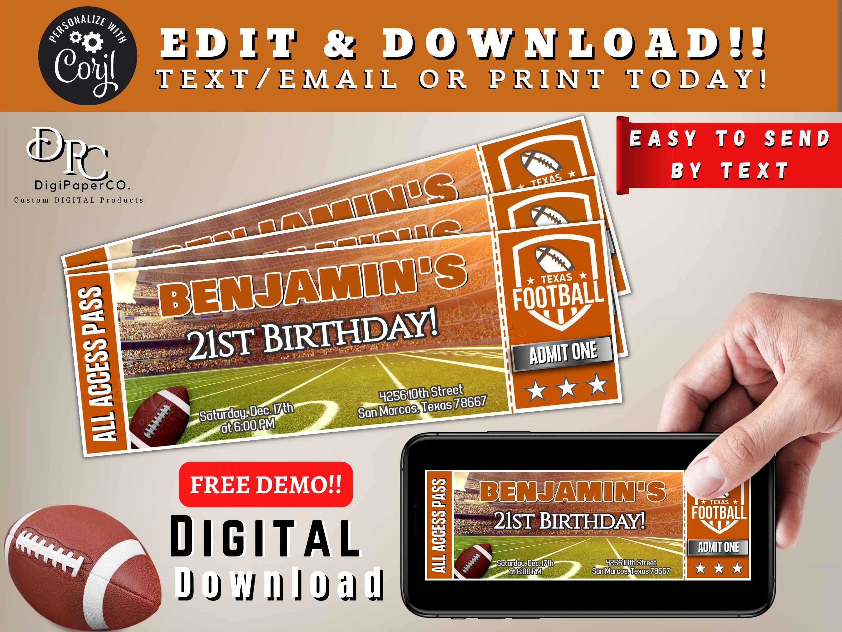 EDITABLE Texas Football Birthday Invite, Texas Football Ticket, College ...