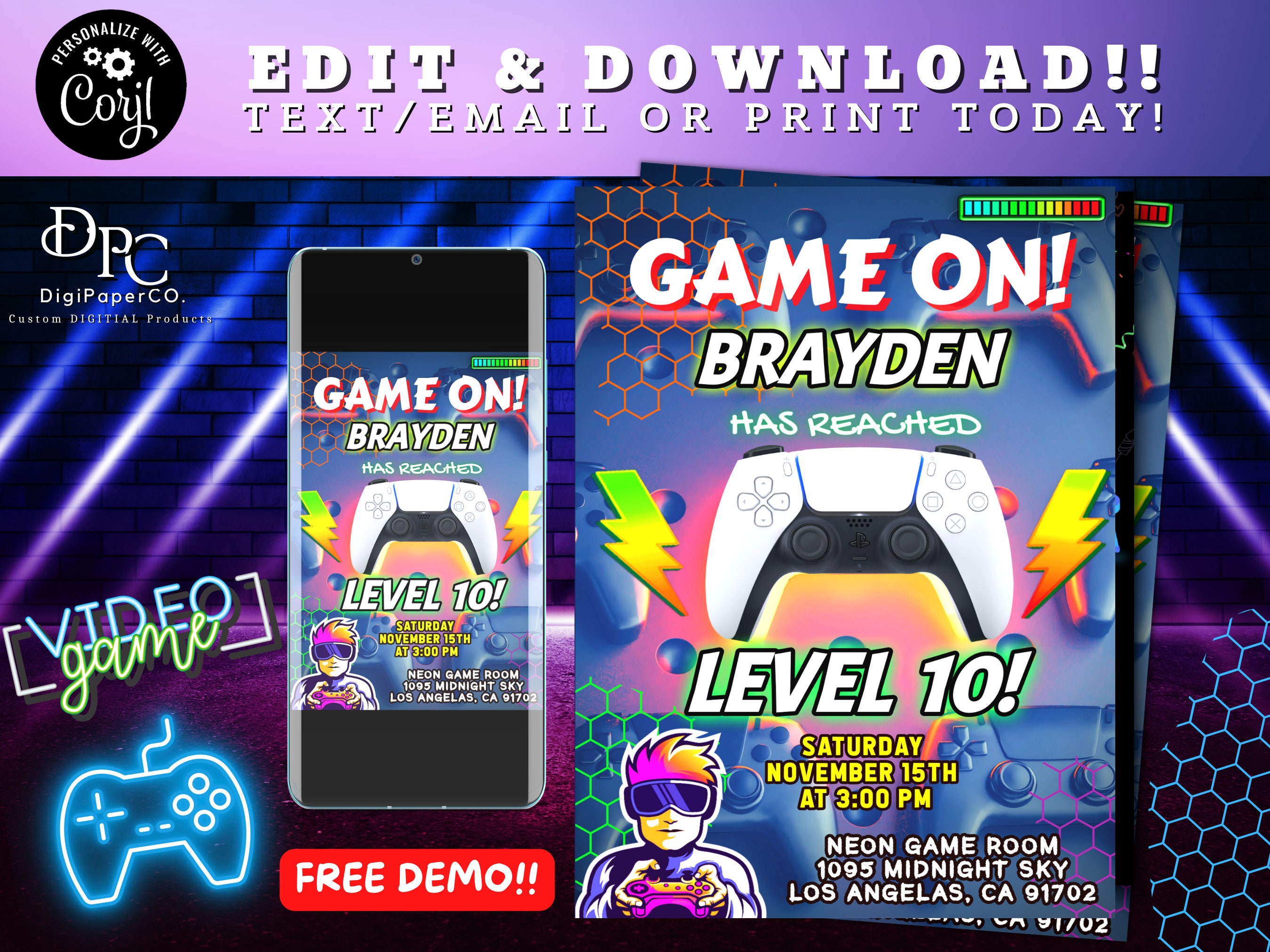 EDITABLE Video Game Invitation, Printable Neon Invitation, Game on ...