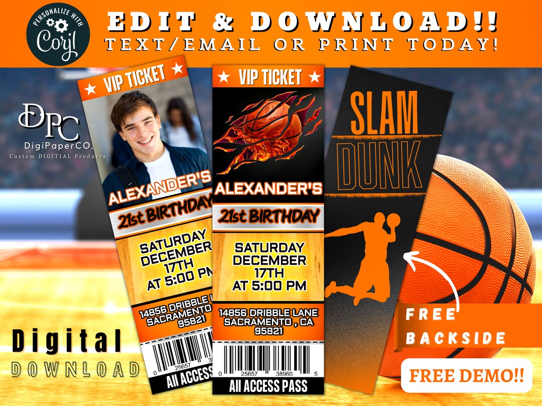 EDITABLE Basketball Birthday Invitation, Basketball Ticket Invitation ...