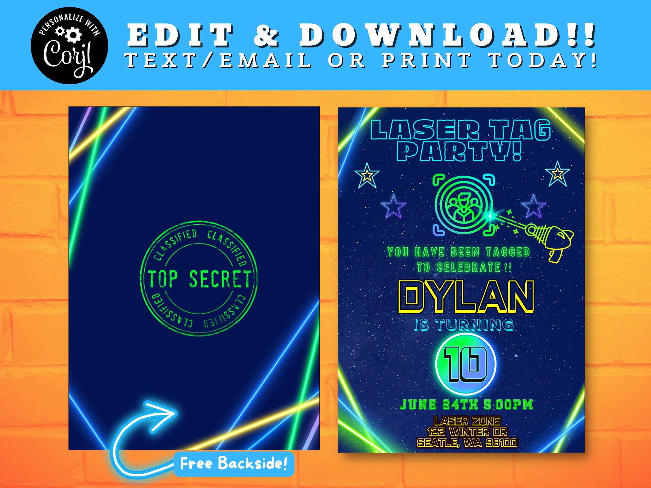 EDITABLE Laser Tag Invitation, Neon Laser Tag Birthday Invitation ...