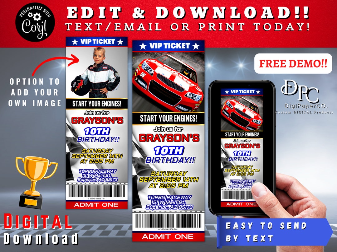 EDITABLE Racing Birthday Invitation, Race Car Ticket Invitation, Racing ...