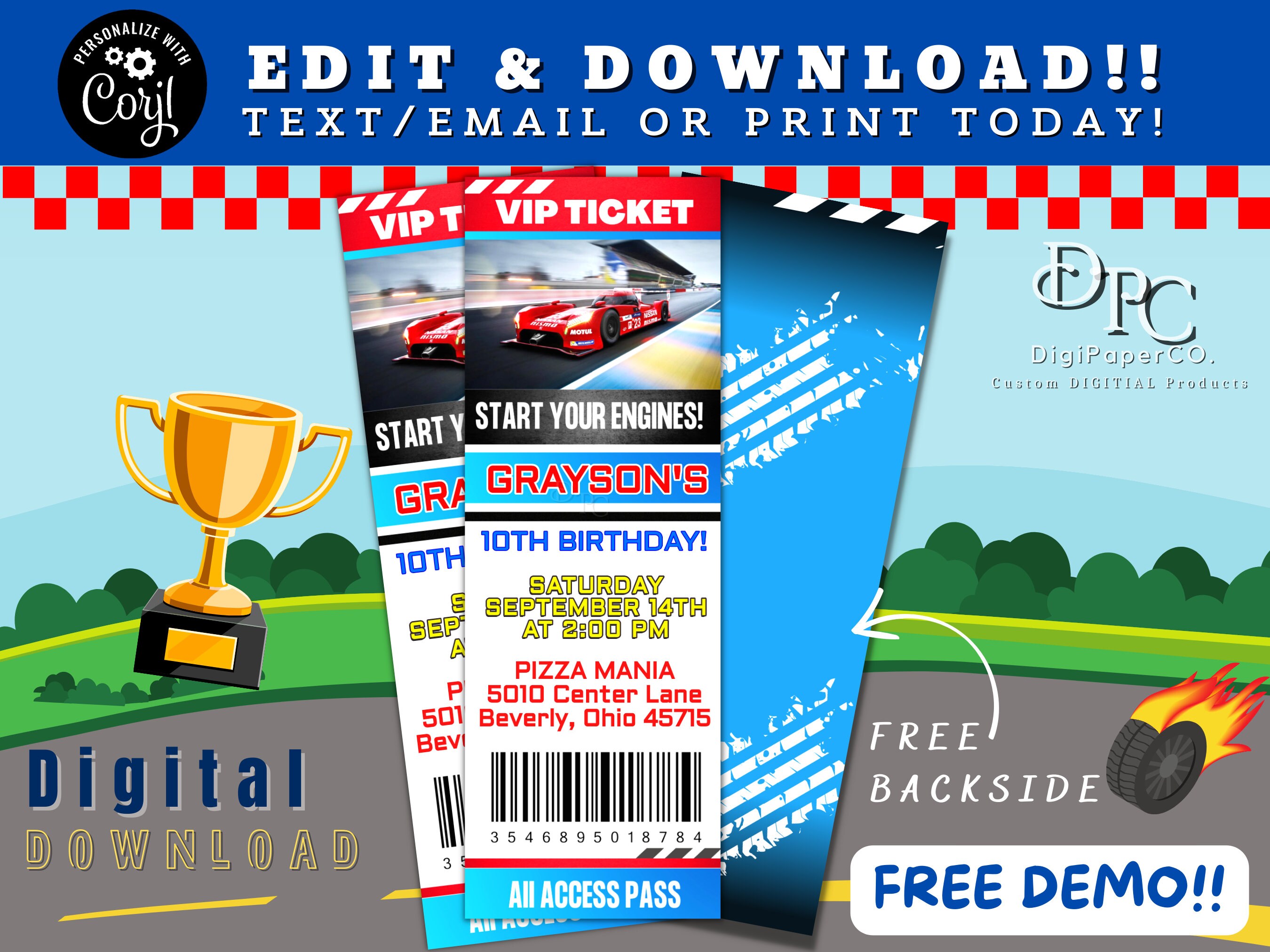 EDITABLE Race Car Birthday Invitation, Race Car Ticket Invitation ...