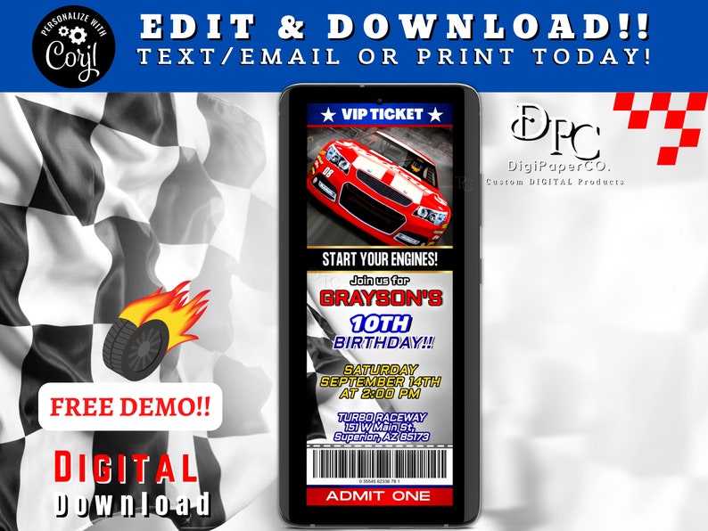EDITABLE Racing Birthday Invitation, Race Car Ticket Invitation, Racing ...